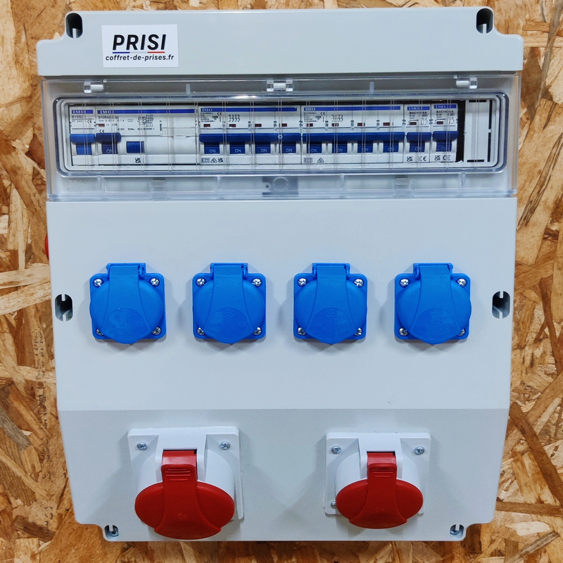 4 prises 230v NF + 1 prise 5P 16A + 1 prise 5P 32A - Coffret de chanti – PRISI Coffret-de-prises.fr